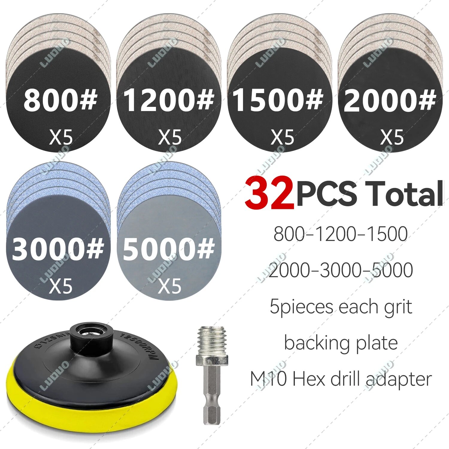 Круглый лист для влажной шлифовки, сухая полировка, наждачная бумага для 32PCS 800---5000