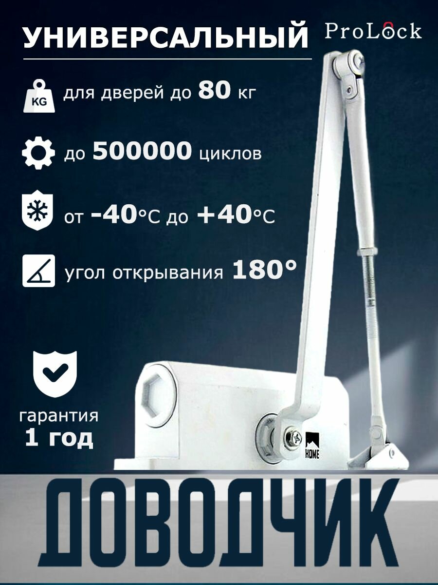 Доводчик дверной, белый, вес двери до 80 кг. Морозостойкий -40С!