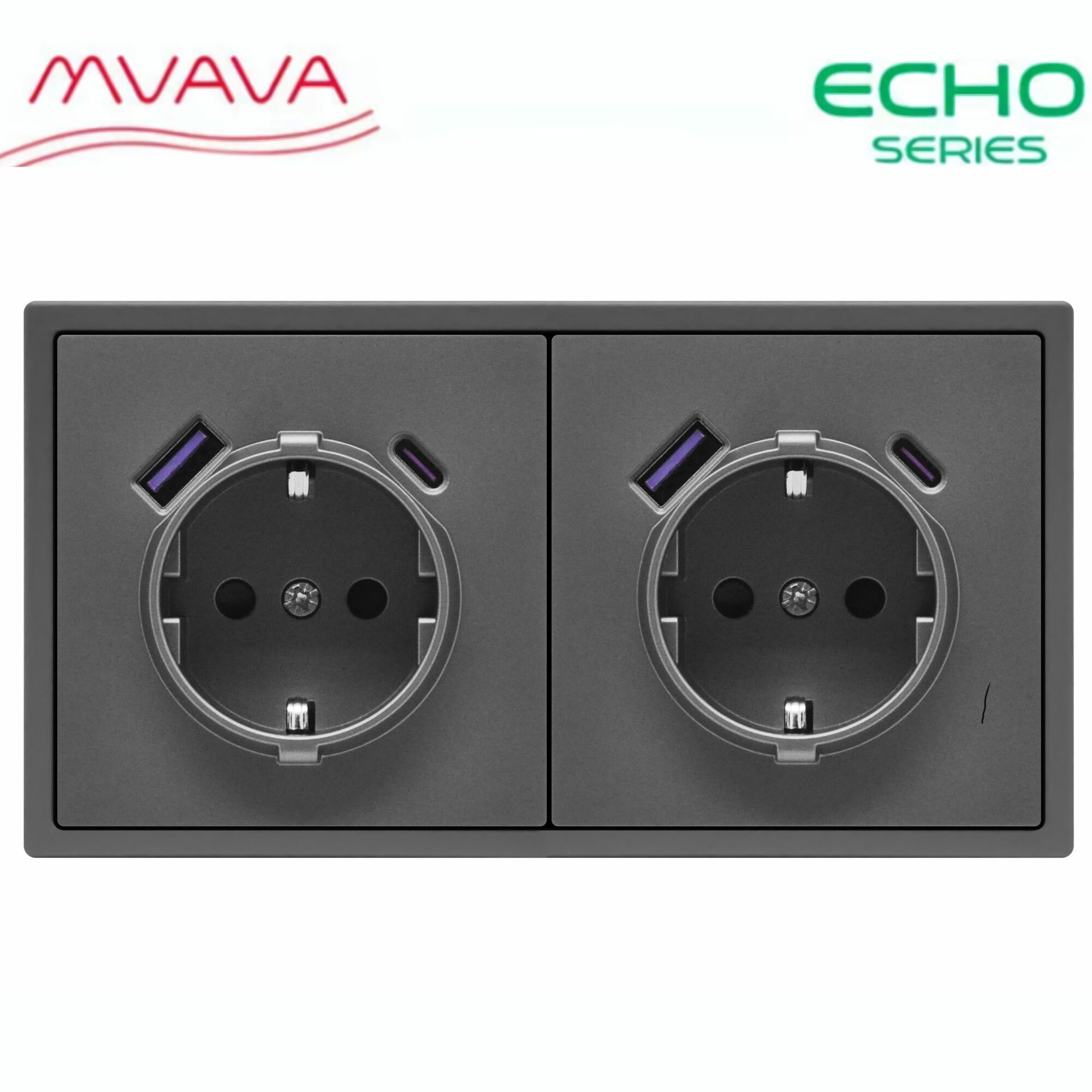Розетка электрическая echo 2 поста с Usb/Type-C АC, быстрая зарядка 20W, цвет серый