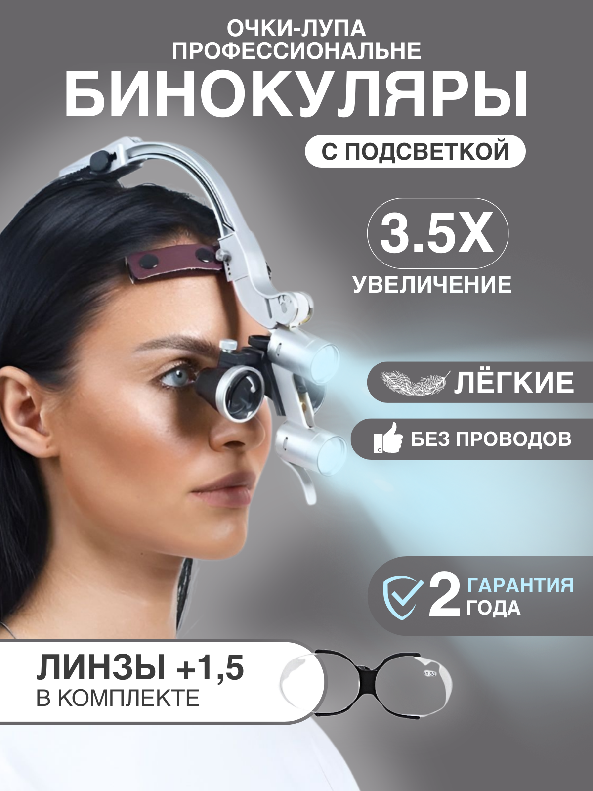 Налобный осветитель с бинокулярами 3.5х и линзами 1.5х