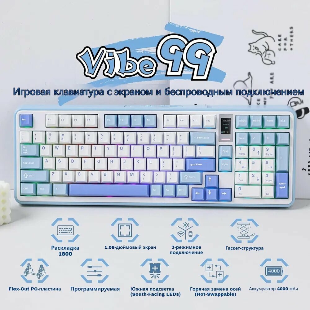 MechLands Клавиатура беспроводная MechLands Vibe99 1800 механическая клавиатура [Топ 2025] | Gasket-конструкция + 3 режима (Bluetooth/2.4G/Type-C) | Компактная раскладка | Съёмная клавиатура для геймеров и офиса, (Cream Mint), Английская раскладка, голубой