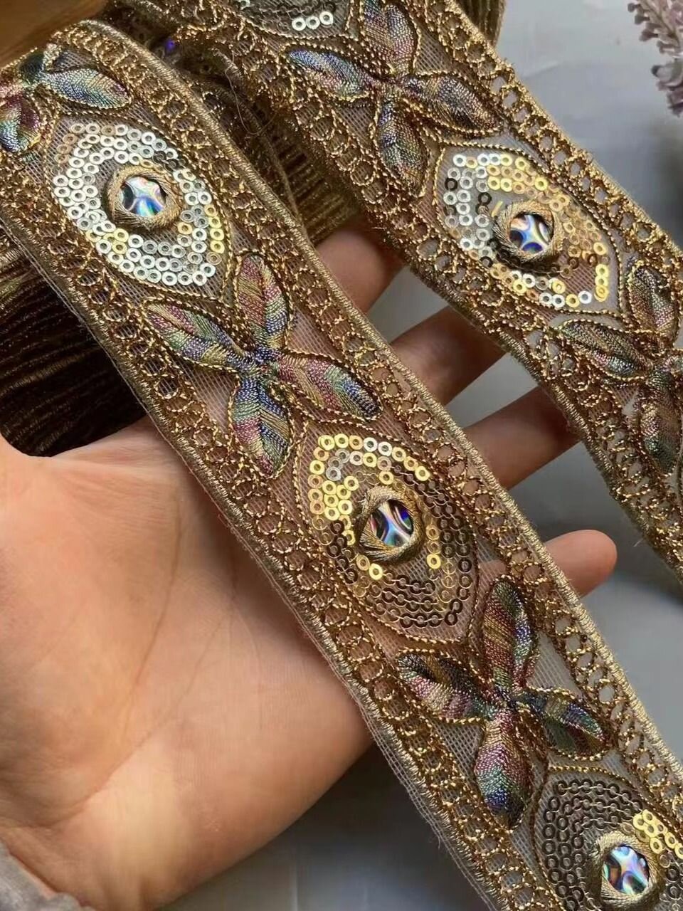 Тесьма декоративная с пайетками и ракушкой, 5 см, 2 м, трикотажная лента с народным узором для декора одежды, аксессуаров и творчества, цветная