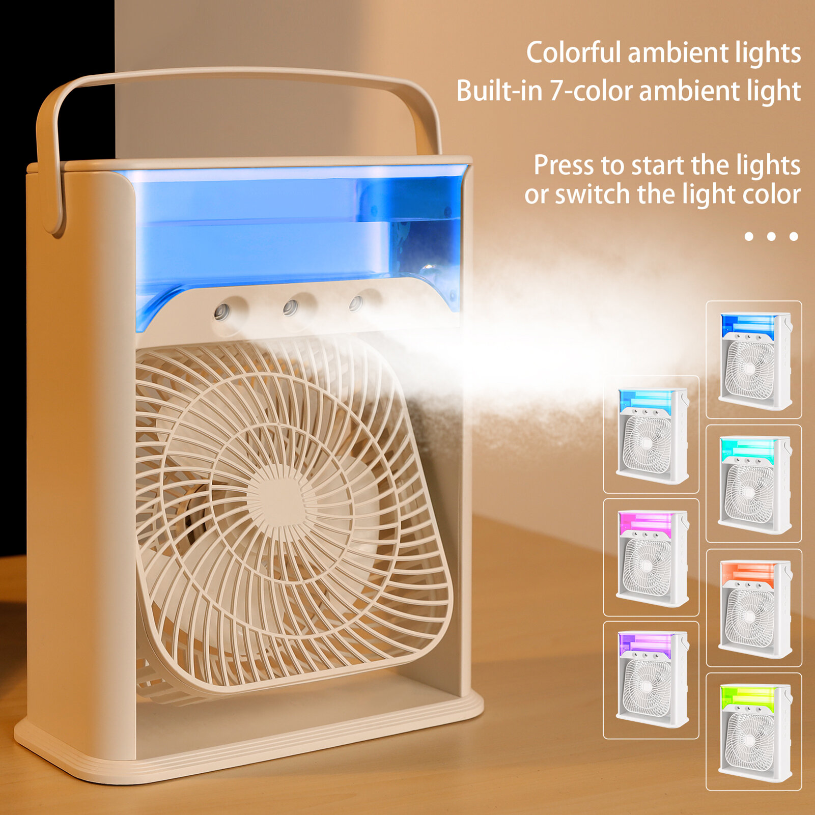 Многофункциональный портативный вентилятор 3 в 1: кондиционер, увлажнитель воздуха и кулер с водяным охлаждением. Оснащен ночной подсветкой 7 цветов, питанием от USB, 3 регулируемыми скоростями ветра.