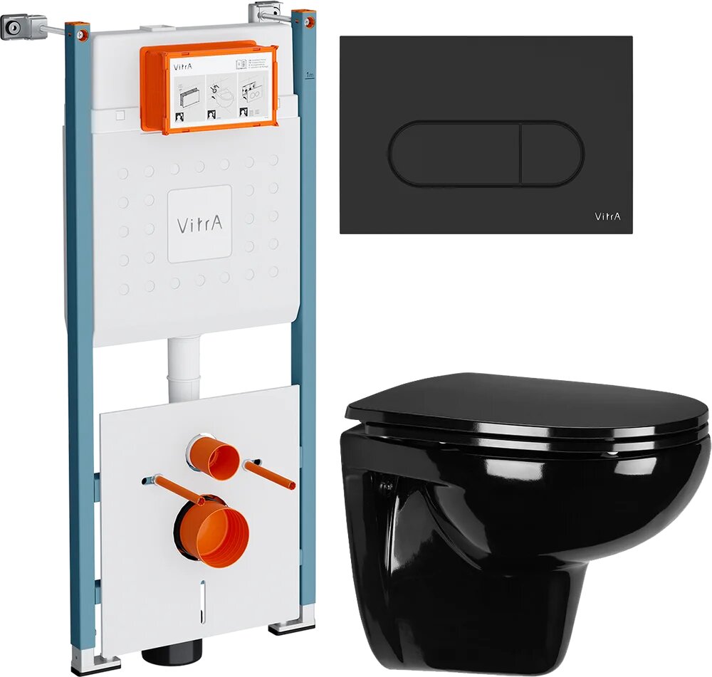 Комплект 3 в 1 Унитаз подвесной Wanfald Lauta 47374100005 / Инсталляция VitrA V-Fix Core 732-5800-01PV / Кнопка Root Round 740-2211 цвет матовый черный