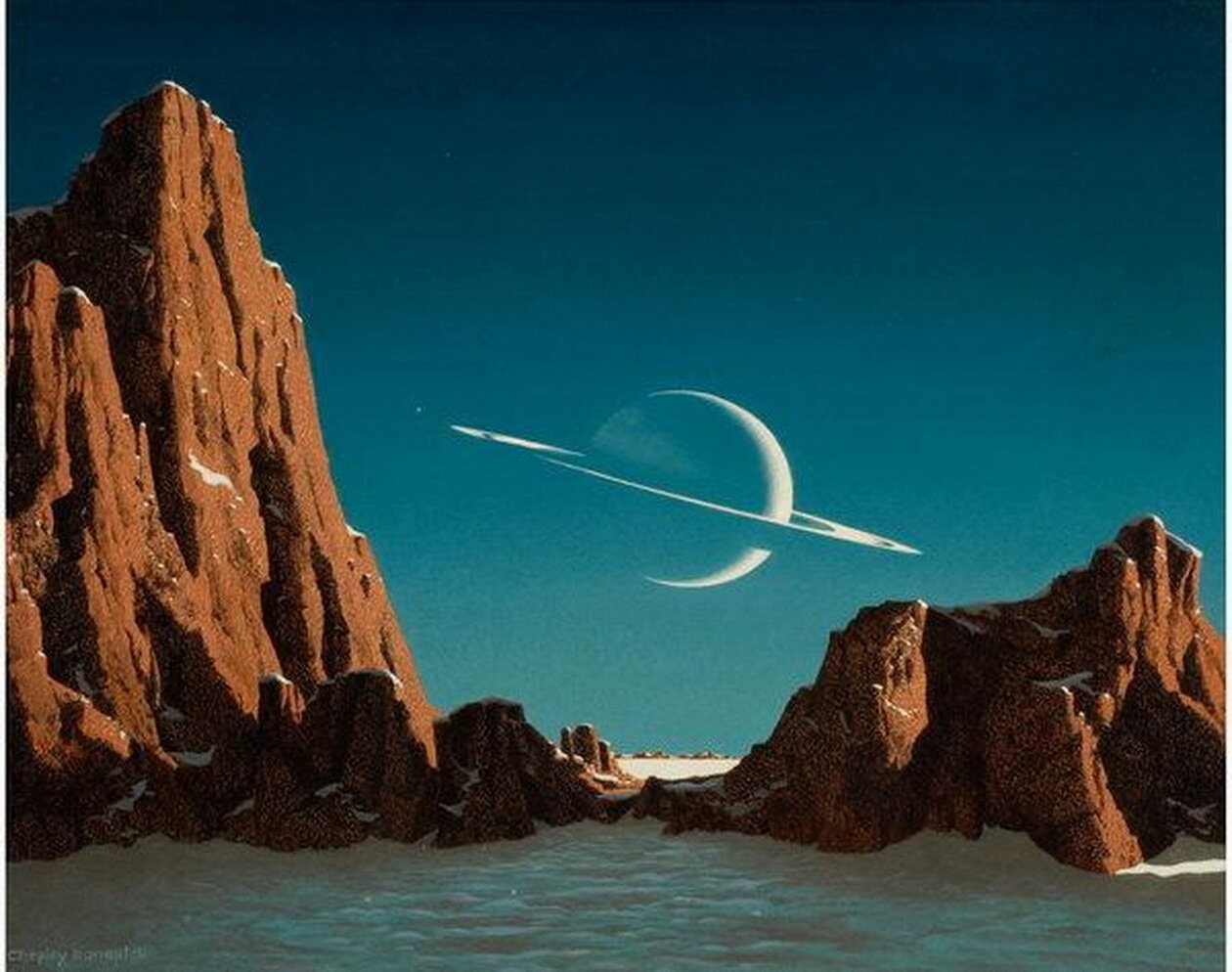 Плакат, постер вид на Сатурн с поверхности его спутника Титана на бумаге, размер 21х30см