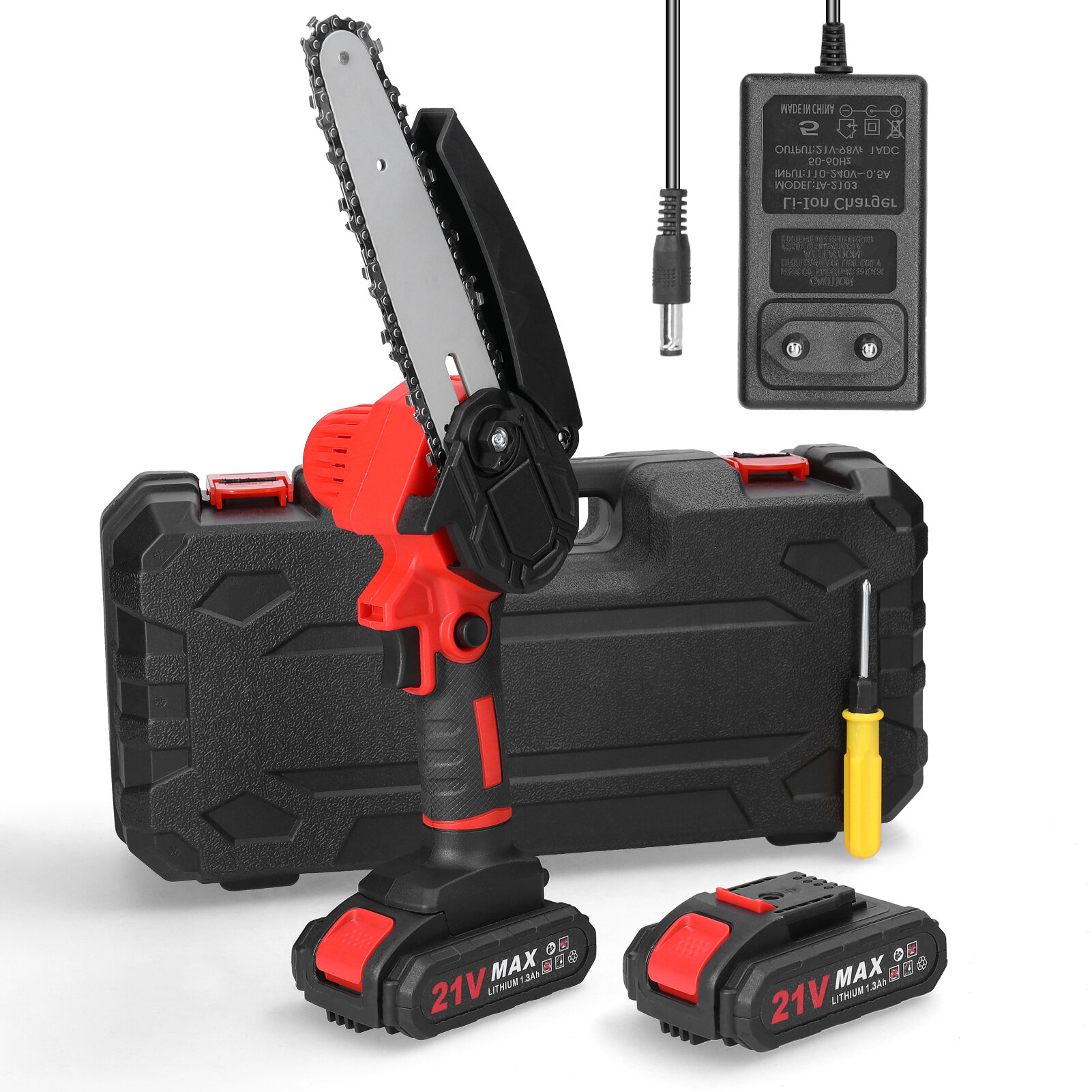 21 В 6-дюймовая портативная электрическая пила для обрезки деревьев, небольшая цепная пила для колки дров, щеточный двигатель, одноручный инструмент для работы по дереву в саду или фруктовом саду.