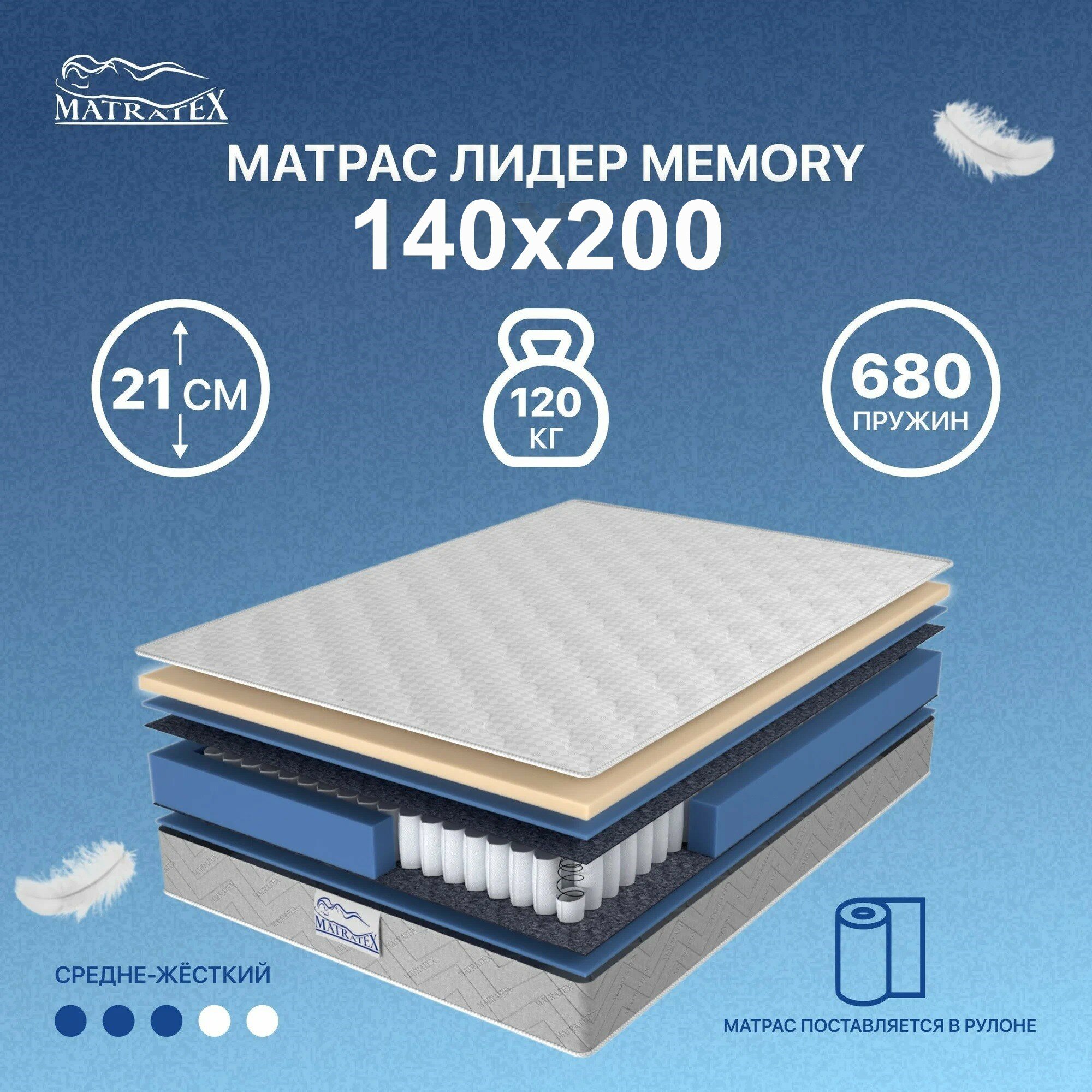 Матрас лидер Memory 140x200 независимые пружины, ортопедический