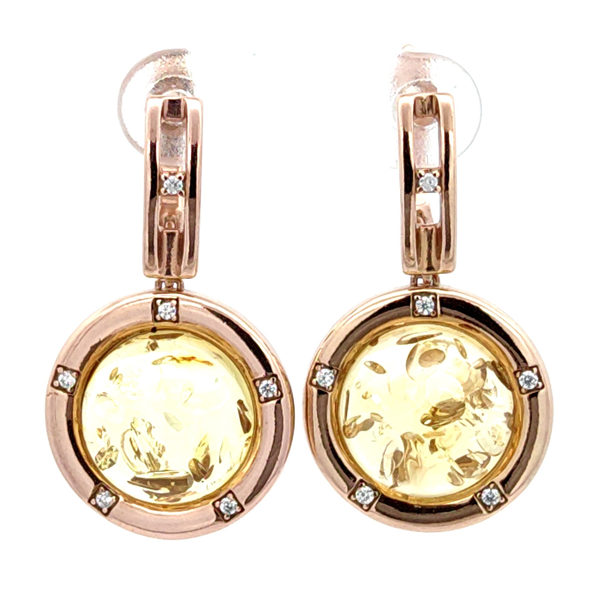 Серьги, серебро, 925 проба, золочение, фианит, янтарь