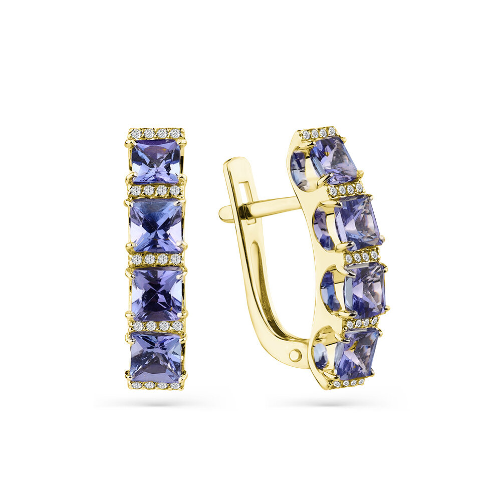 Серьги, желтое золото, 585 проба, бриллиант, танзанит