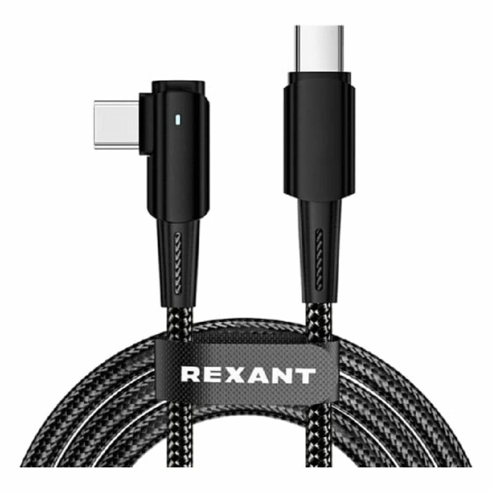 Rexant Кабели 18 - 7070 Кабель Type - C Type - C, 5А, 100Вт, 1м, в черной нейлоновой оплетке, с угловым штекером и световой индикацией