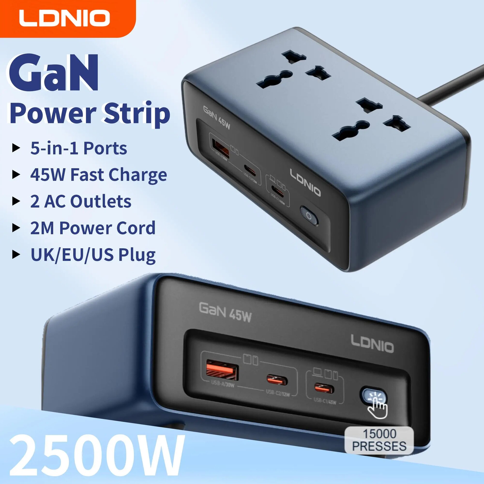 LDNIO Power Strip GaN 45W, 2 EU, 2 USB, 2.5 м — фото 1