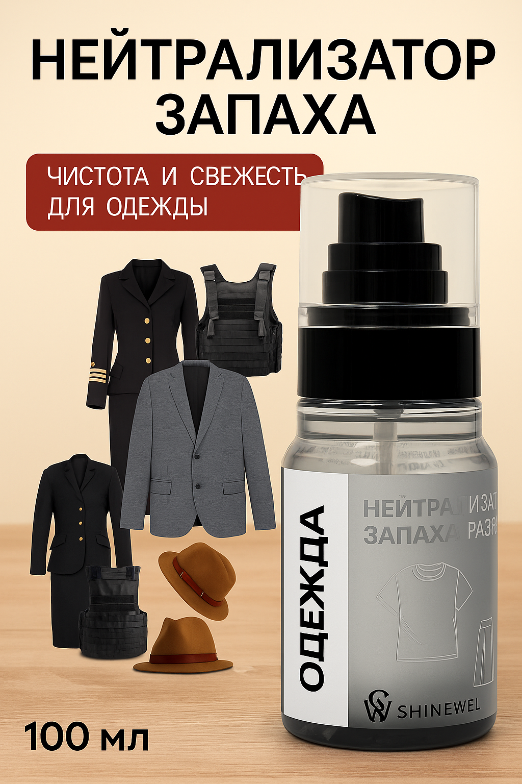 Нейтрализатор запаха для одежды SHINEWELL, антибактериальный спрей 100 мл, парфюмированная отдушка