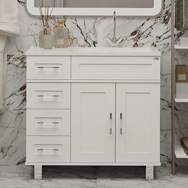 Тумба под раковину без столешницы Misty Купер 90 R напольная, белая, матовая, из МДФ, тумба для ванной, с ящиками, с дверками, с доводчиками