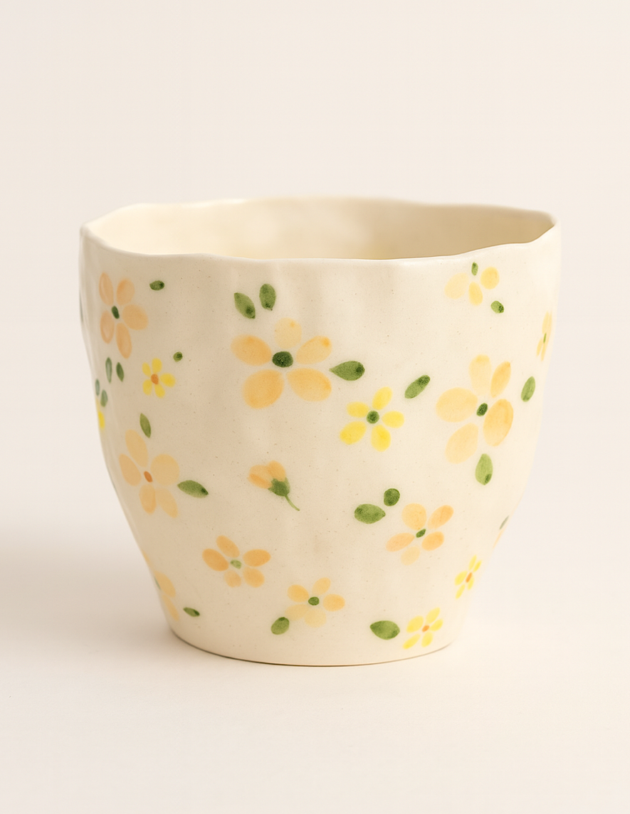 Стакан ручной работы «Оранжевые и желтые цветочки», белый, керамика, 450 мл