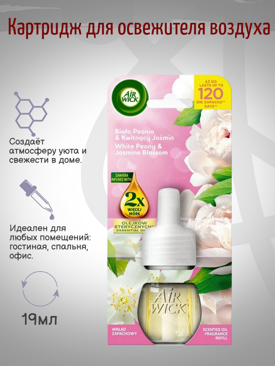 Air Wick Картридж для электрического освежителя воздуха белый Пион и Жасмин 19мл