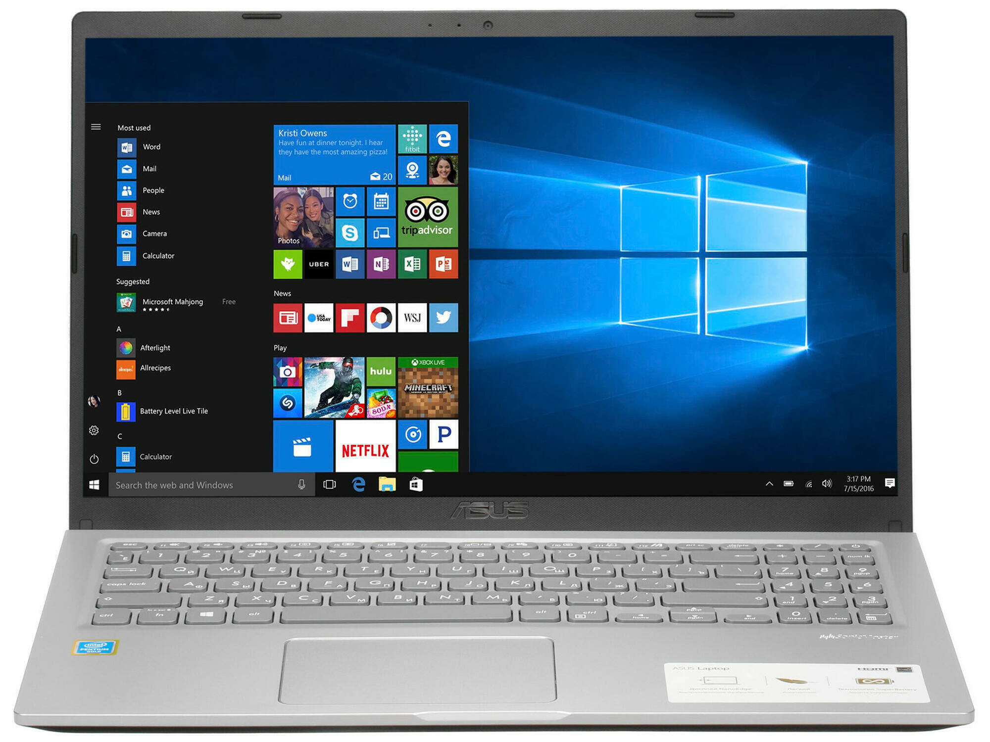 15,6" Ноутбук Asus Laptop 15 F515JA-EJ672T (90NB0SR2-M17030) серебристый - 1920x1080, TN, Intel Pentium 6805, ядра: 2 x 1,1 ГГц, 4 ГБ, SSD 128 ГБ, Intel UHD Graphics, Windows 10 Home