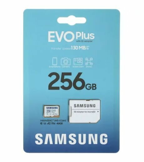 Карта памяти Samsung EVO Plus microSDXC 256 ГБ (MB-MC256KA/EU) - A2, UHS Class 1, Video Class 30, запись - 130 Мбайт/сек, чтение - 130 Мбайт/сек