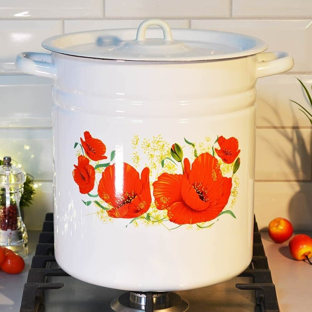 Кастрюля эмалированная 12л с крышкой, рисунок цветы, цвет в ассортименте