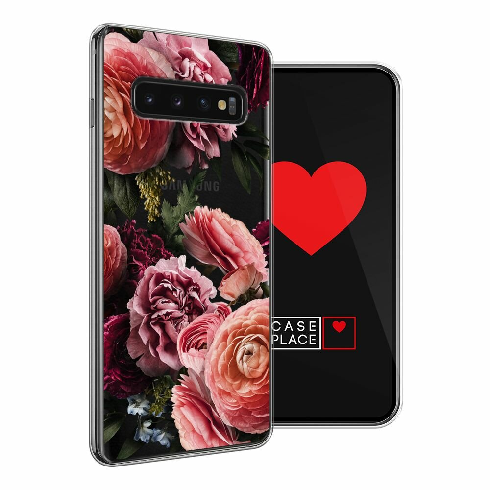 Чехол на Samsung Galaxy S10 / Самсунг Галакси S10 с принтом "Бордовые винтажные цветы", прозрачный — фото 1
