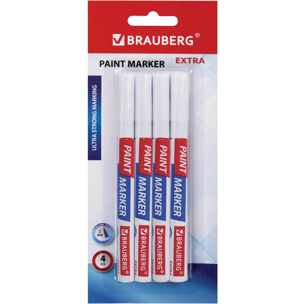 BRAUBERG Маркер-краска лаковый EXTRA paint marker 2 мм, белые, набор 4 шт, 151995