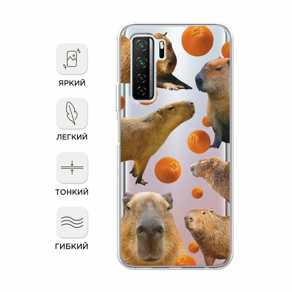 Чехол на Honor 30S Global/Huawei P40 Lite 5G/Nova 7 SE / Хонор 30S с принтом "Капибара и апельсины", прозрачный — фото 1