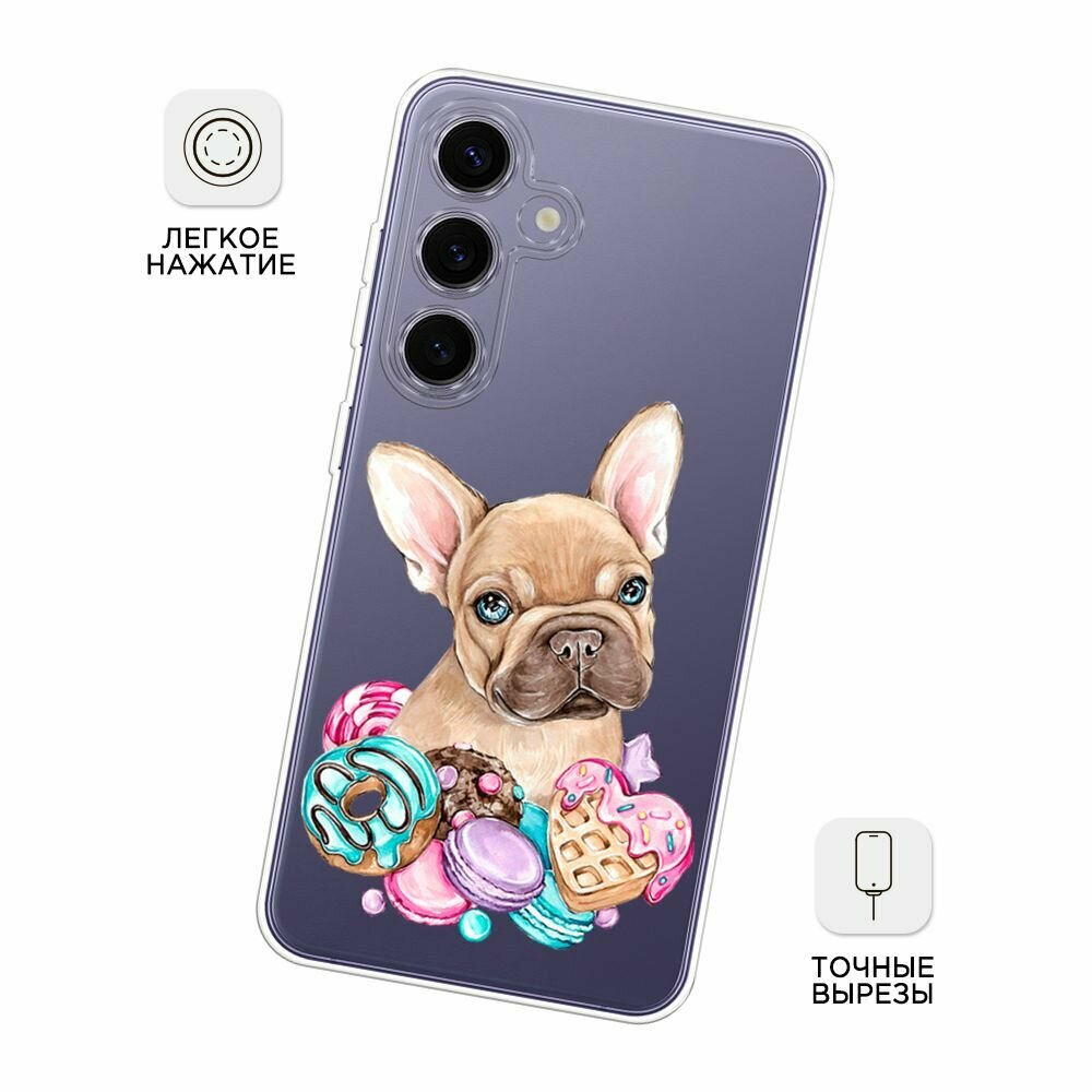 Чехол на Samsung Galaxy S24 Plus / Самсунг S24 Plus с принтом "Бульдог и сладости", прозрачный — фото 1