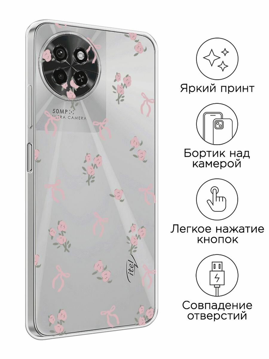 Чехол на Itel S23 / Ител S23 с принтом "Розы и ленточки", прозрачный — фото 1