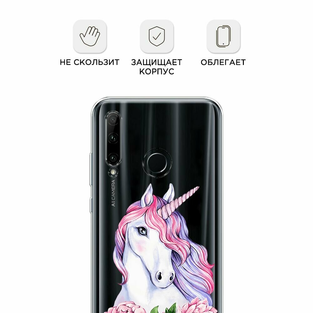 Чехол на Honor 10i/20 Lite 2019/20e/Huawei P Smart Plus 2019 / Хонор 10i с принтом "Единорог с пионами", прозрачный — фото 1
