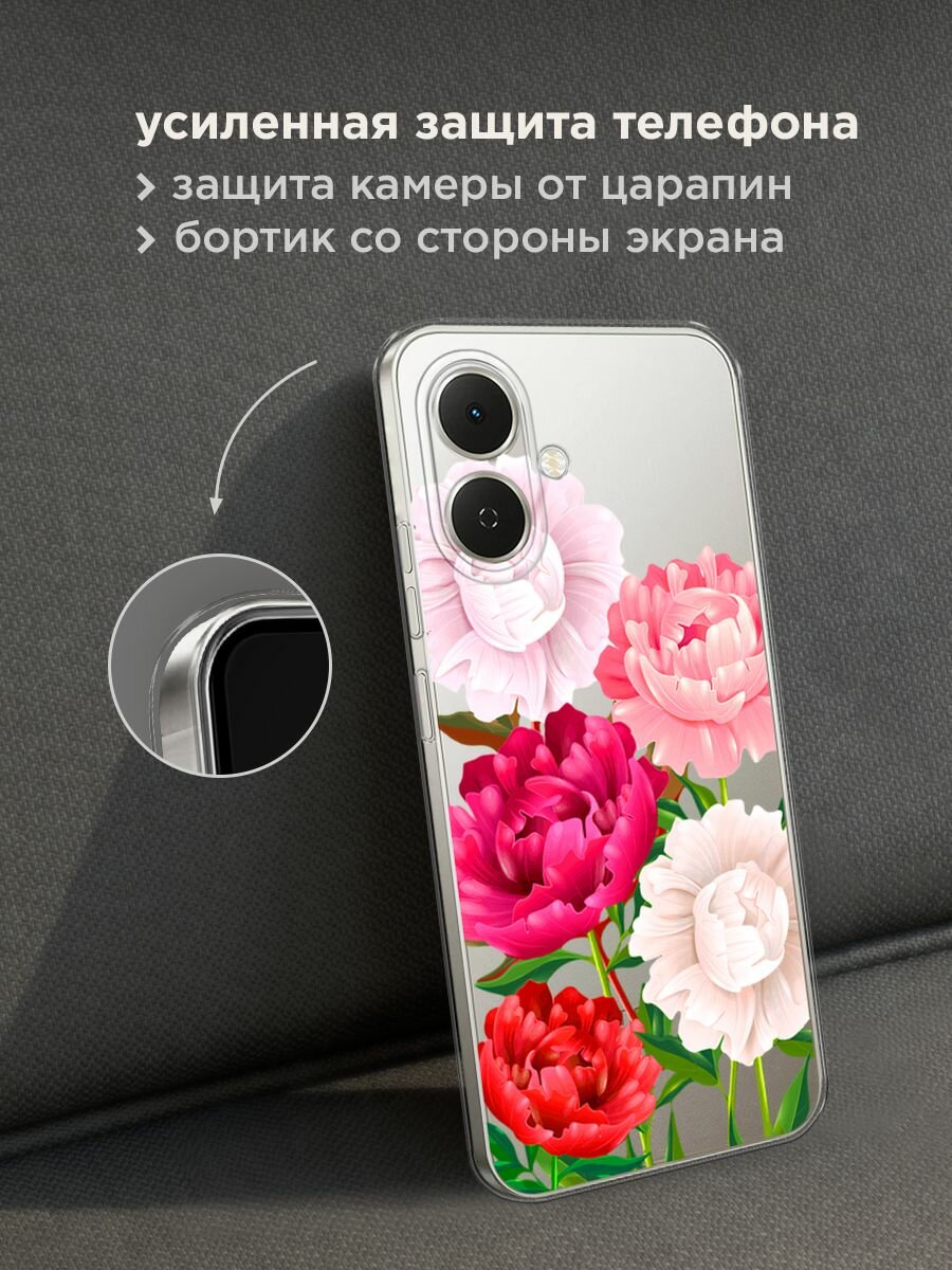 Чехол на Tecno Spark Go 2 / Текно Спарк Го 2 с принтом "Большие пионы", прозрачный — фото 1
