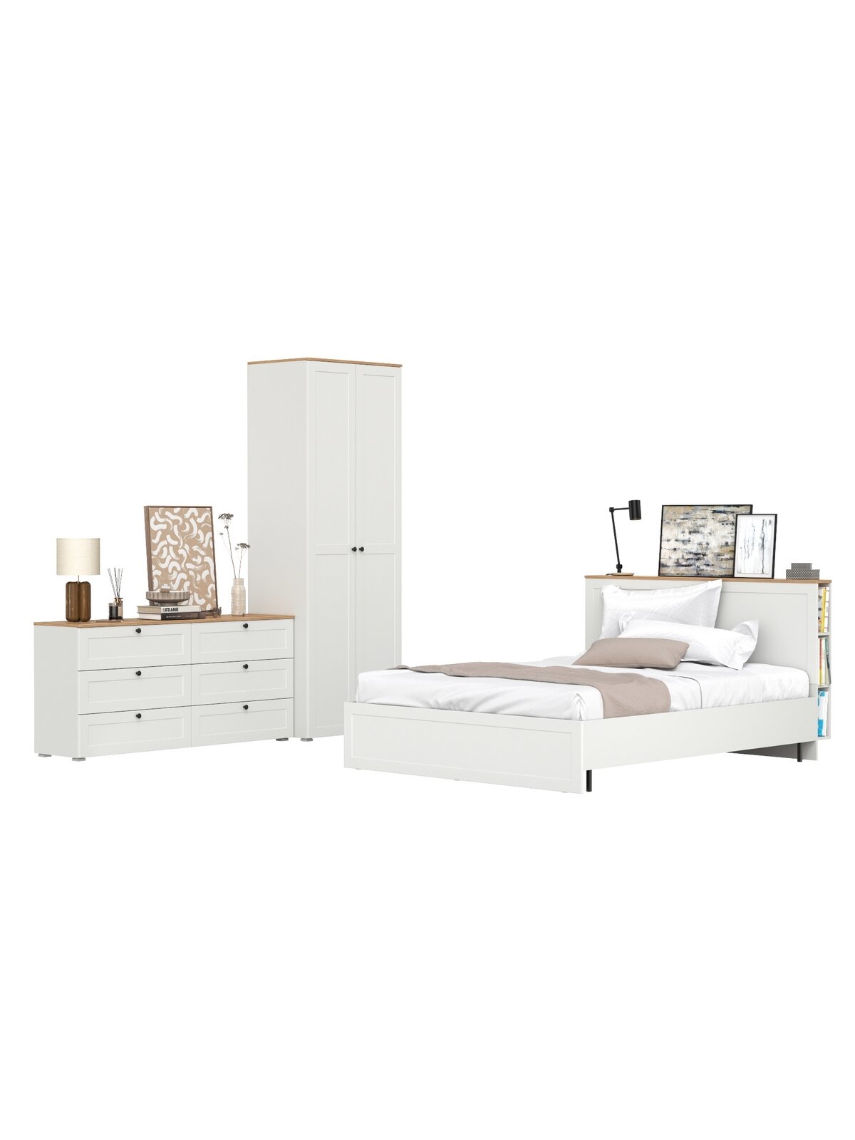 Кровать со спальным местом 1600х2000 с основанием и платяной шкаф с комодом Остин 16.240, белый шагрень/дуб крафт