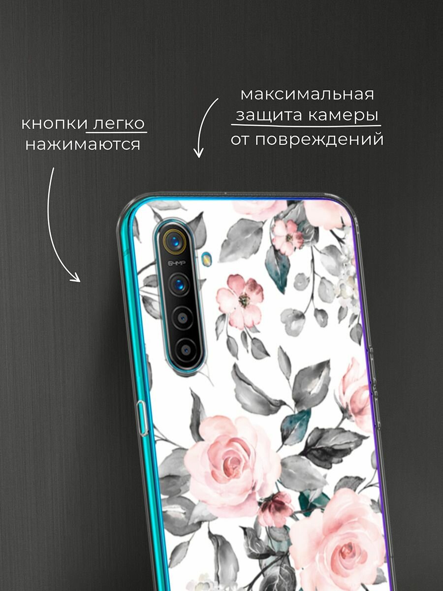 Силиконовый чехол на Realme XT / Реалми XT с принтом "Розы на белом" — фото 1