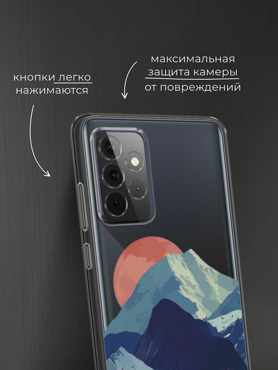Чехол на Samsung Galaxy A72 / Самсунг Галакси А72 с принтом "Закат в снежных горах", прозрачный — фото 1