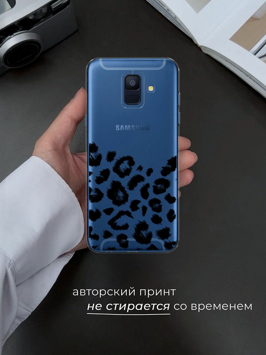 Чехол на Samsung Galaxy A6 / Самсунг Галакси А6 с принтом "Окрас леопарда фон черный", прозрачный — фото 1