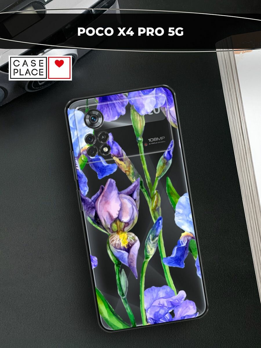 Чехол на Xiaomi Poco X4 Pro 5G / Сяоми Поко X4 Про 5G с принтом "Синие ирисы", прозрачный
