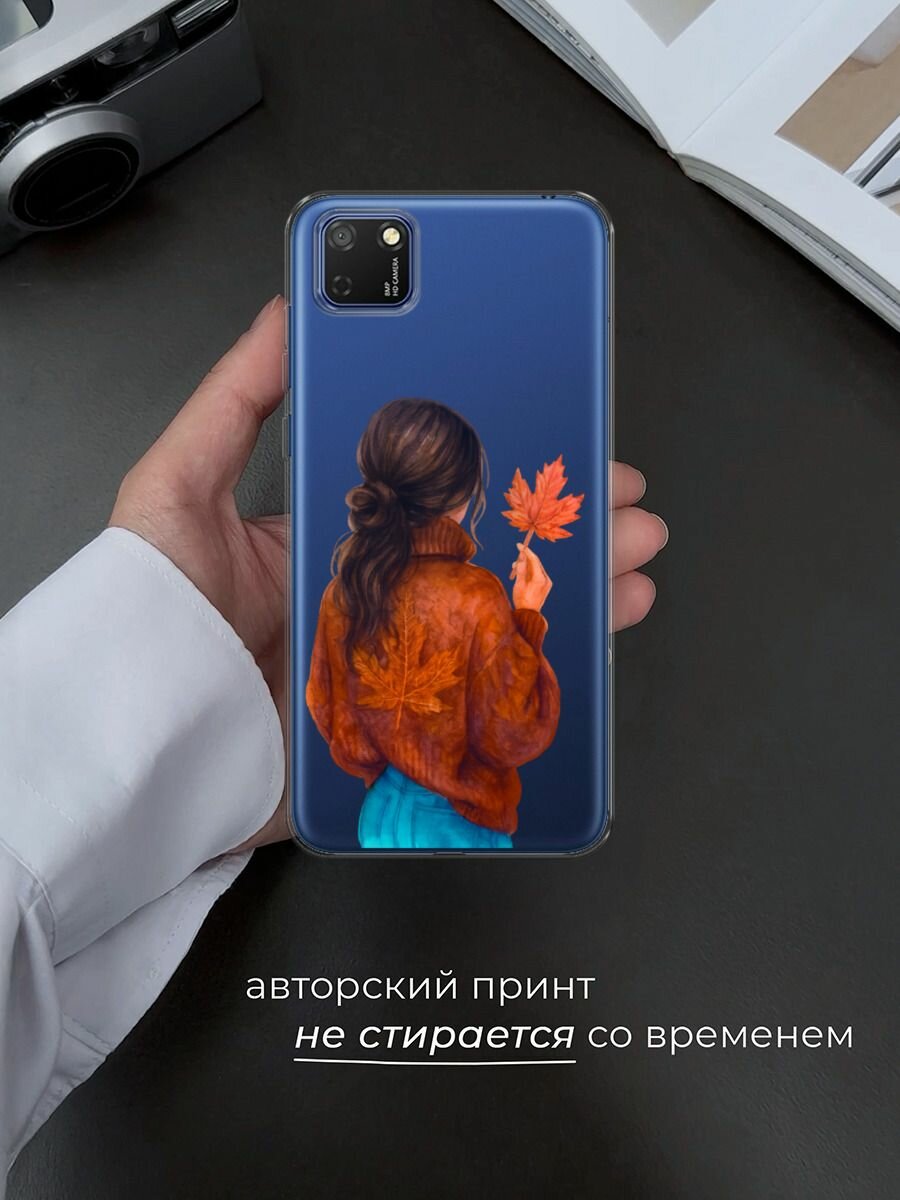 Чехол на Honor 9S/Huawei Y5p / Хонор 9S/Хуавей Y5p с принтом "Девушка с опавшим листом", прозрачный — фото 1
