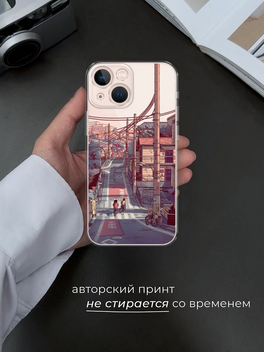 Чехол на Apple iPhone 13 mini / Айфон 13 мини с принтом "Закат на японской улице", прозрачный — фото 1