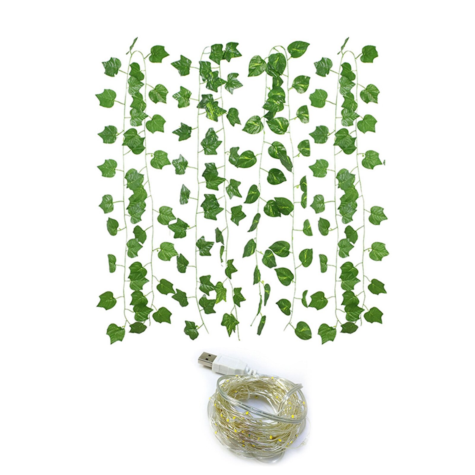 Искусственная гирлянда из плюща с зелеными листьями и ротангом, искусственные листья, растения, гирлянда из лозы, гирлянда длиной 2 метра, 20 светодиодов, питание от USB, украшение для свадебной вечеринки, рождественского праздника, патио