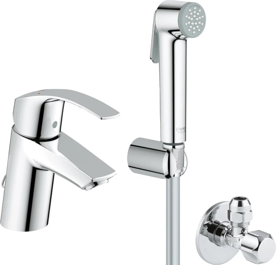 Смеситель для раковины Grohe Eurosmart New 23124002 хром, глянцевый, кран для ванной в раковину, из латуни, рычажный, с керамическим картриджем, с функцией экономии расхода, с гигиеническим душем