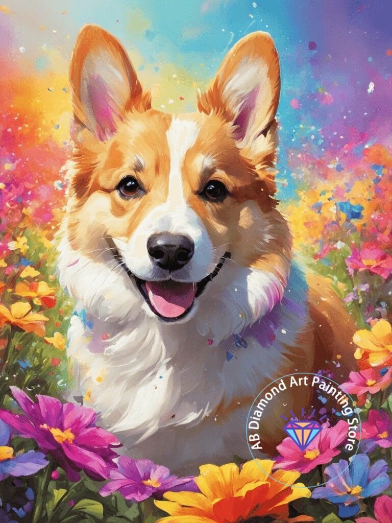 Алмазная картина "Животные породы корги" алмазная огранка 40х50 см,40X50CM, белый