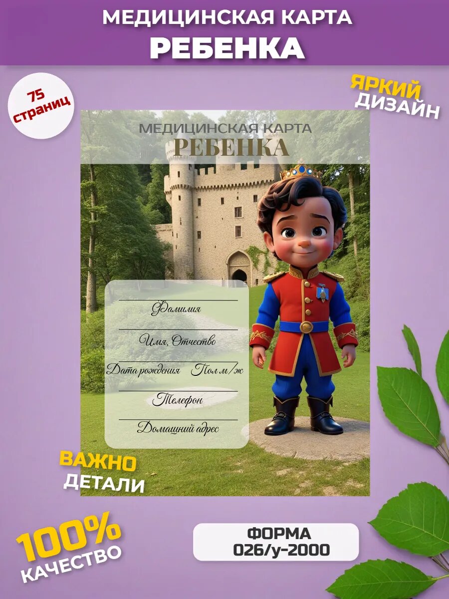 Медицинская карта ребенка "Малышовый Принц" для детского сада и школы А4 75 страниц