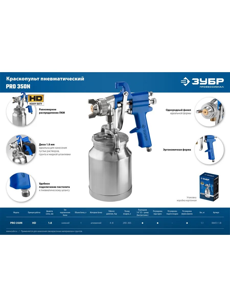PRO 350N, 1.8 мм, пневматический краскопульт с нижним бачко