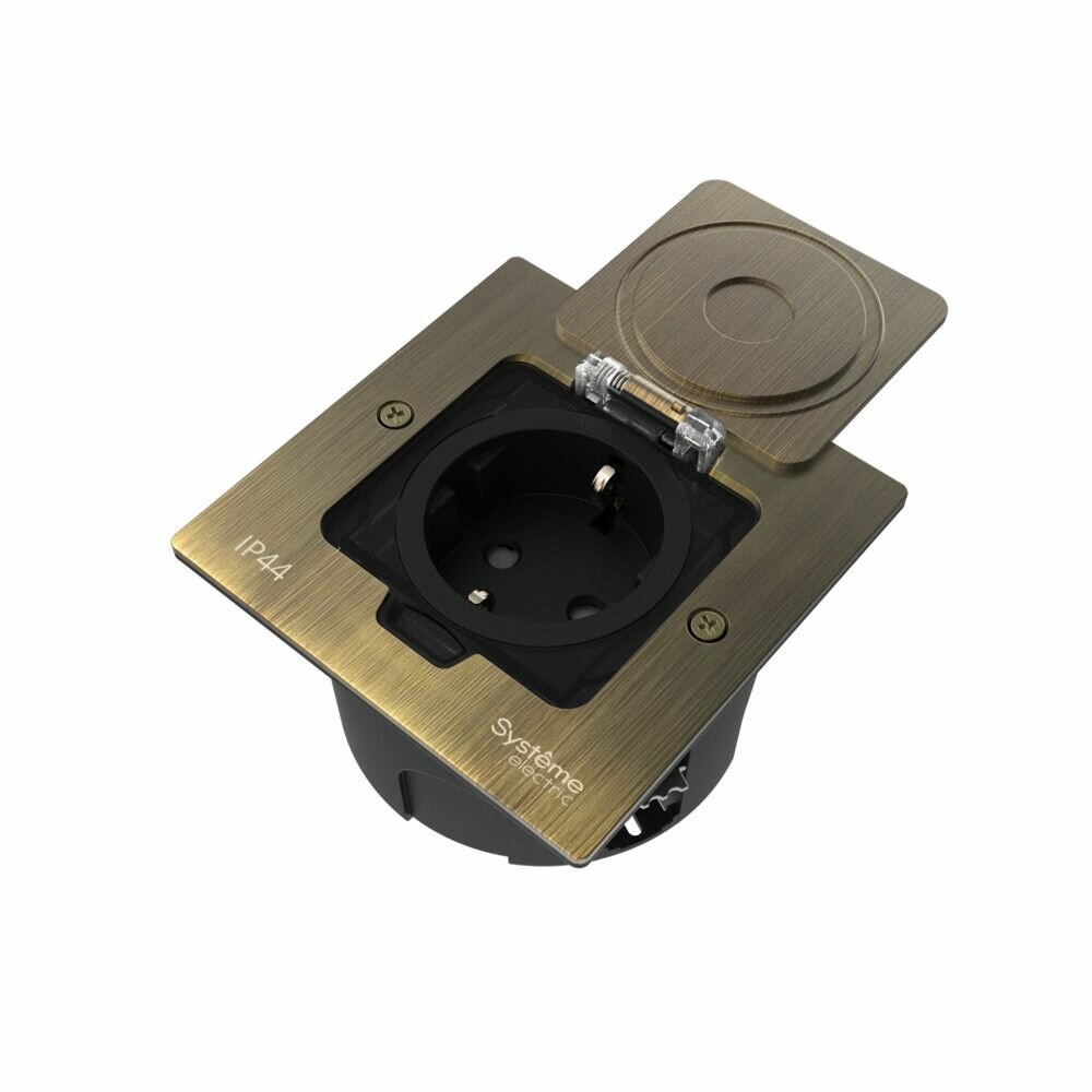 Лючок с розеткой 2К+З Systeme (Schneider) Electric MultiDesk, 16А/250В, IP44 с монтажной коробкой для стены, фальшпола, стола, Античная латунь, тип MDK21, MDK21102BA - 1 шт