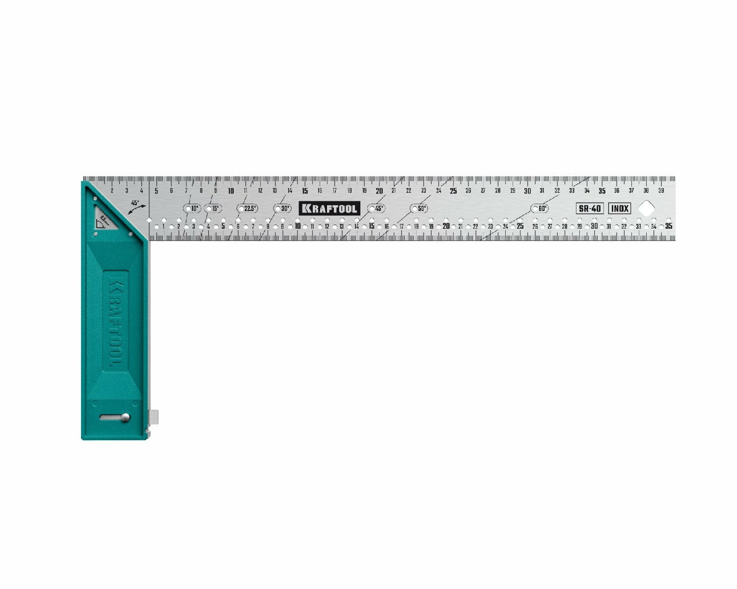 Высокоточный разметочный столярный угольник KRAFTOOL 400 мм с перфорацией для углов 10 15 22.5 30 45 50 60 и рейсмусом точность 0.5 мм