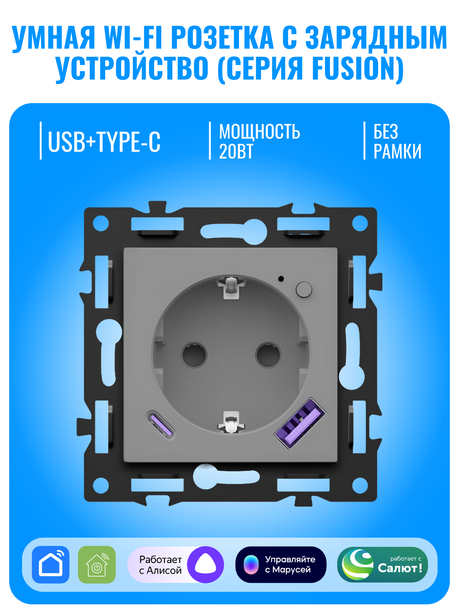 Умная Wi-Fi розетка с зарядным устройством USB и Type-C Smart Aura серия Fusion без рамки