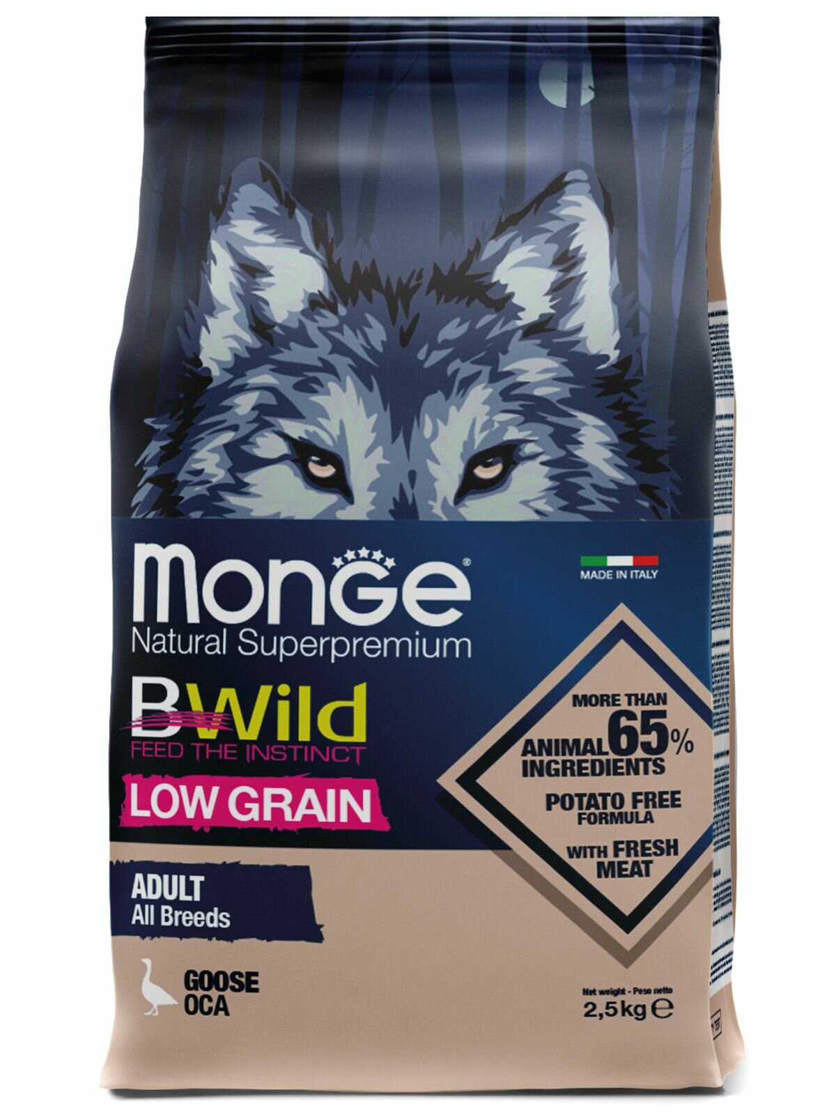 Сухой корм Monge Dog BWild LOW GRAIN для взрослых собак, низкозерновой, из мяса гуся 2,5 кг
