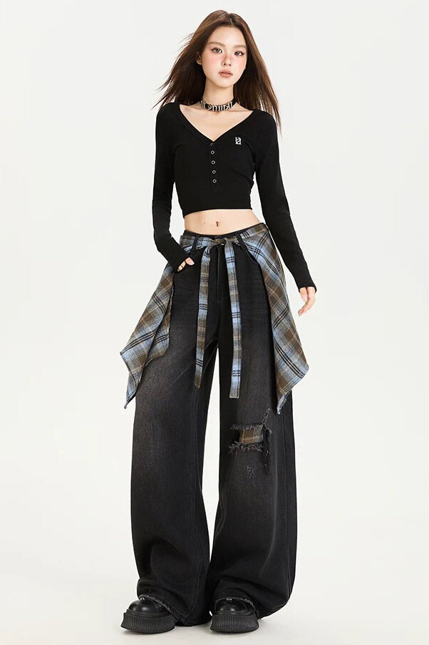 Женские джинсы LI Mall Съемные подолки широкие — зимние новинки высокоходные фальшивые рваные штаны, Размер_