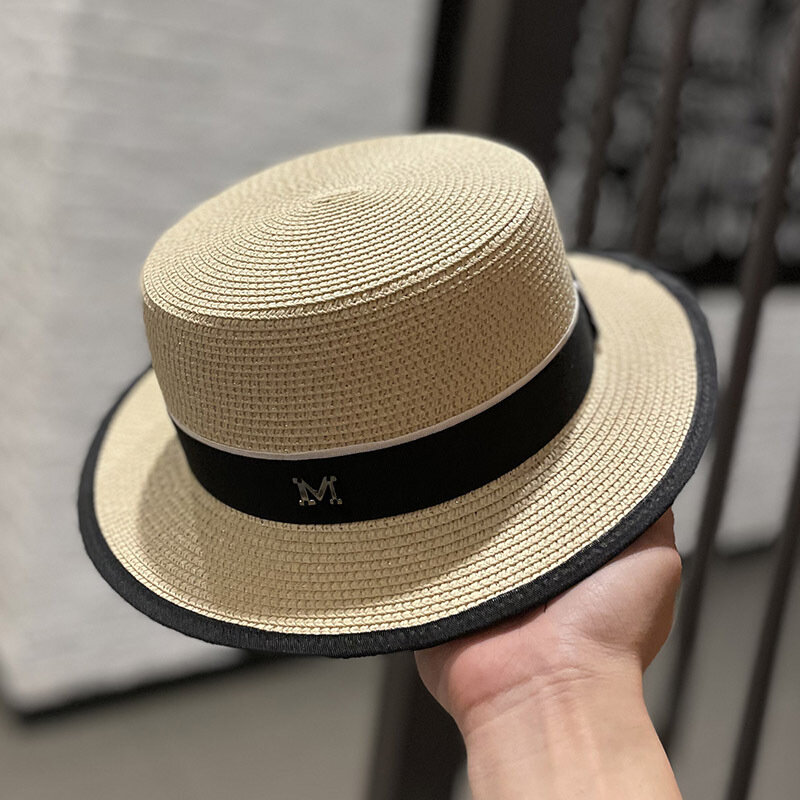 Корейская соломенная шляпа с плоским верхом и небольшими полями для женщин, летняя солнцезащитная соломенная сетка, летняя модная британская шляпа знаменитостей, оптовая продажа