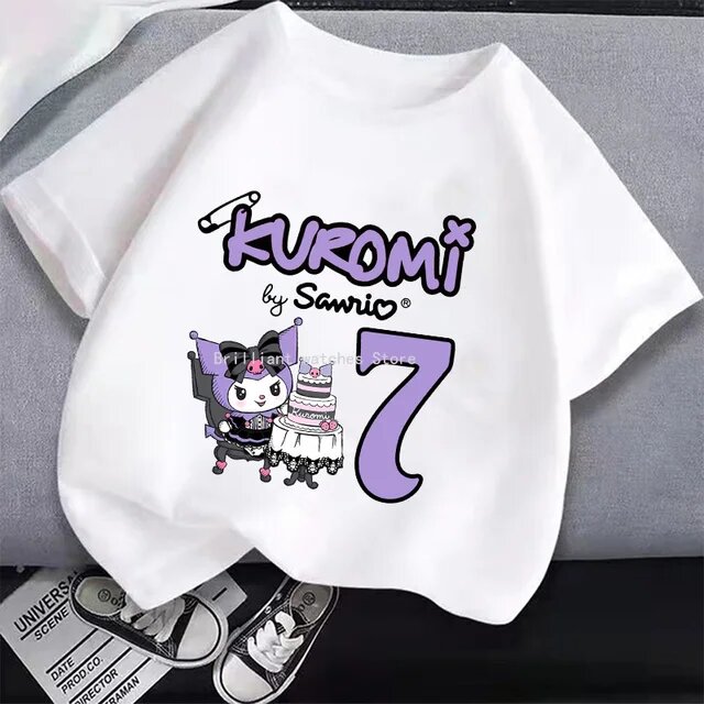 Футболка Kuromi для детей, черно-белая, с рисунком из мультфильма Sanrio, милая, хлопковая, с коротким рукавом, свободная одежда для мальчиков и девочек, подарок, Размер:100