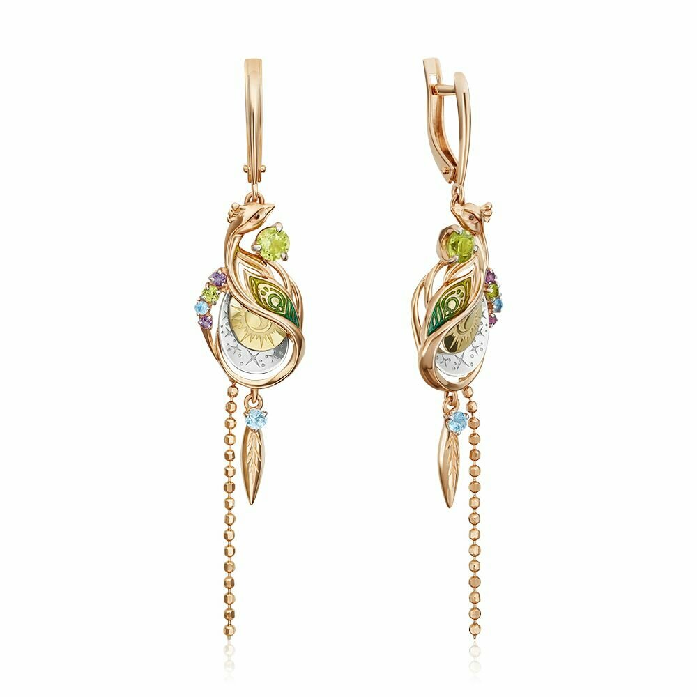 Серьги, комбинированное золото, 585 проба, топаз, эмаль, аметист, хризолит