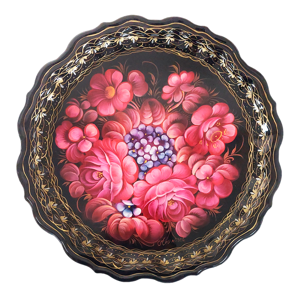 Поднос металлический, круглый "Изысканные пионы", жостово 37 см, (Ручная роспись)